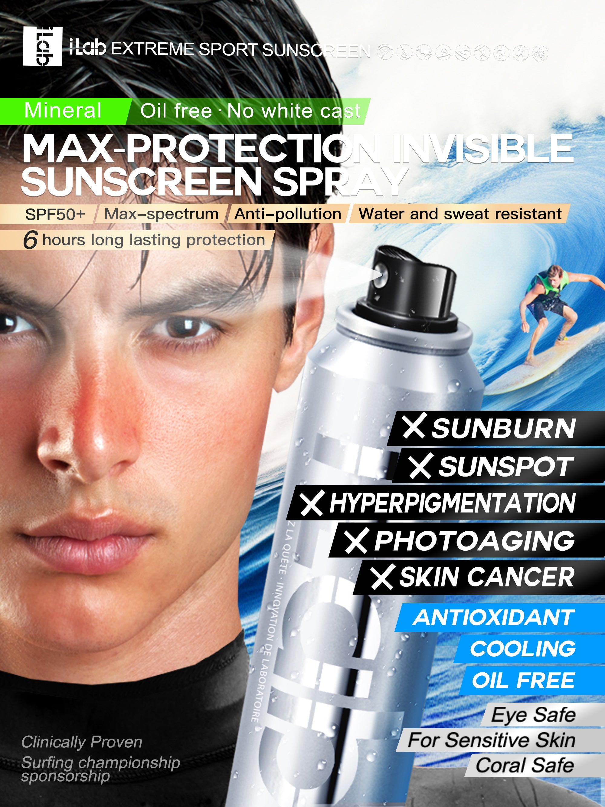 iLab Extreme Sports invisible Sunscreen Essential Spray SPF50+ PA+++ 1